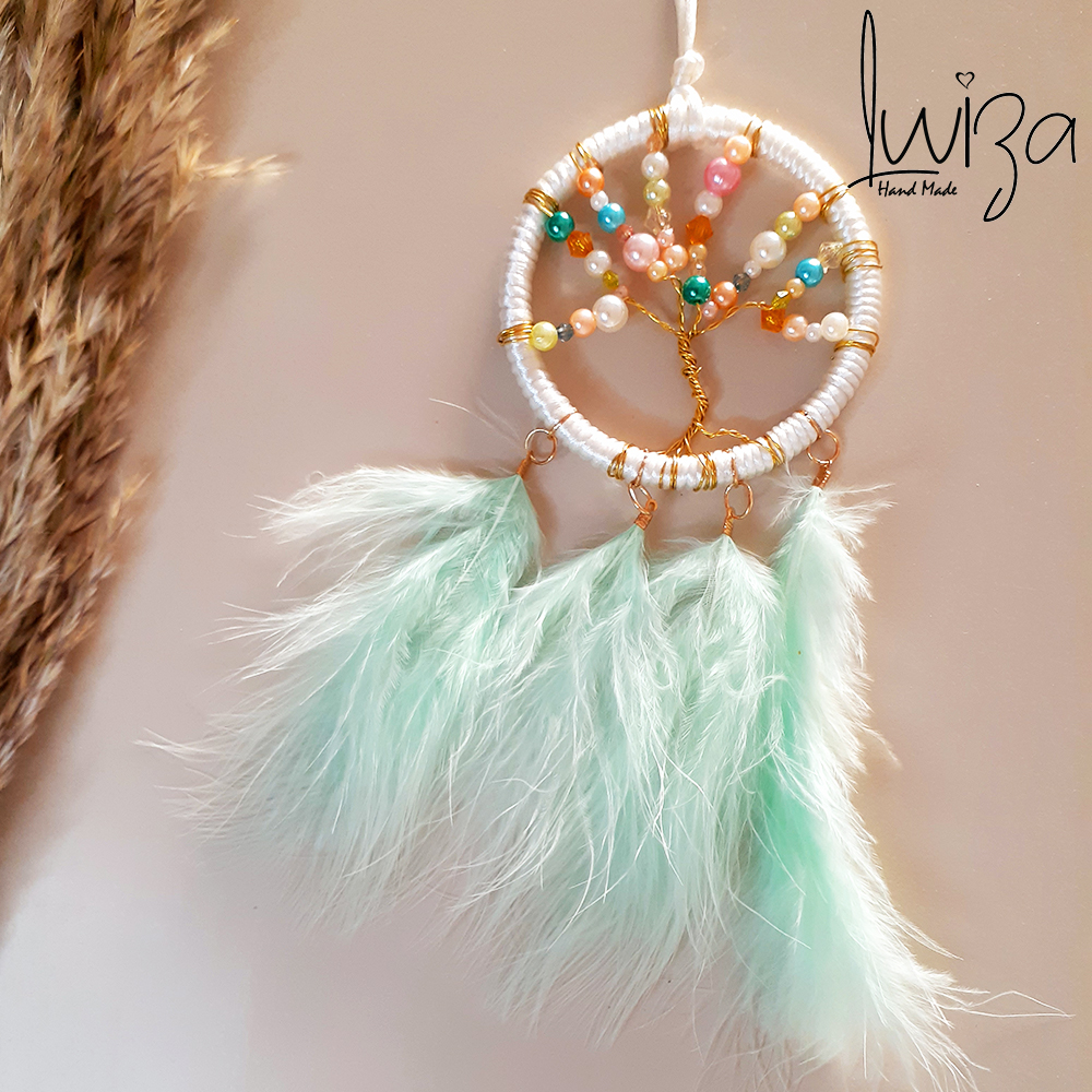 Dreamcatcher arbre de vie avec plumes vert d'eau - Lwiza Hand Made